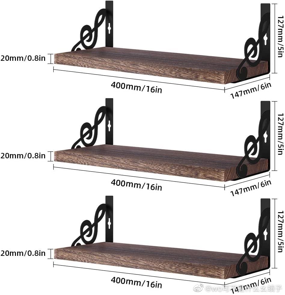 Floating Wall Shelves Set of 3, 16-Inch Solid Wood Floating Shelves Cat Climbing, Wall Mounted Shelf Organizer for Living Room, Bedroom, Kitchen, Bathroom, Office (Carbonized-Brown)