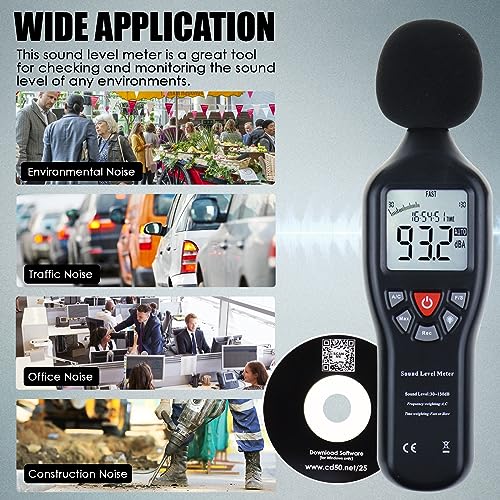Decibel Meter, Sound Level Meter CD Software Audio Decibel Noise Measure Tester 30 β 130 dB Audio Noise Measuring Range with Backlit LCD Display, Data Record Function