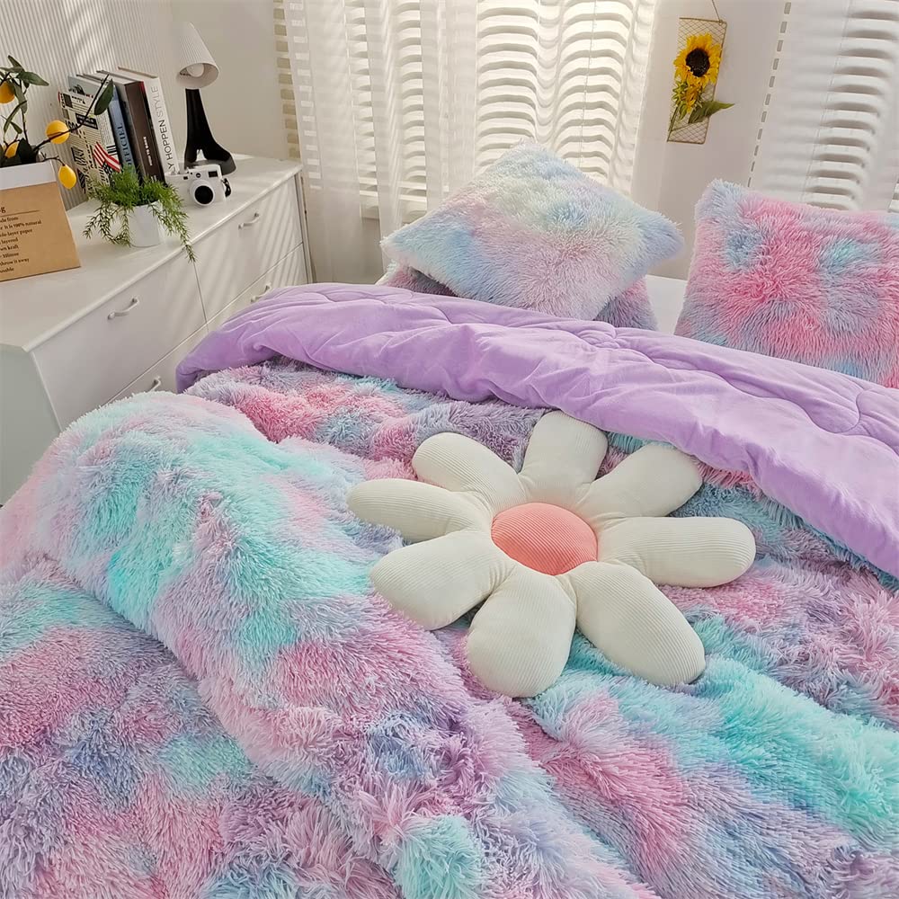 Roscloud Faux Fur Kids Girls Purple Rainbow Comforter Sets Twin/Full - 3PC Bed Set Warm Comfortable Soft Plush Flannel Velvet Fluffy Fuzzy Bedding(Comforter x 1 Pillowcases x 2)