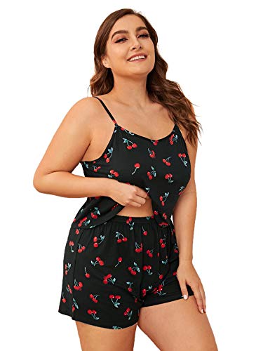 Floerns Women's Plus Size Cherry Print Cami Top and Shorts Pajama Sets A-Black 2XL