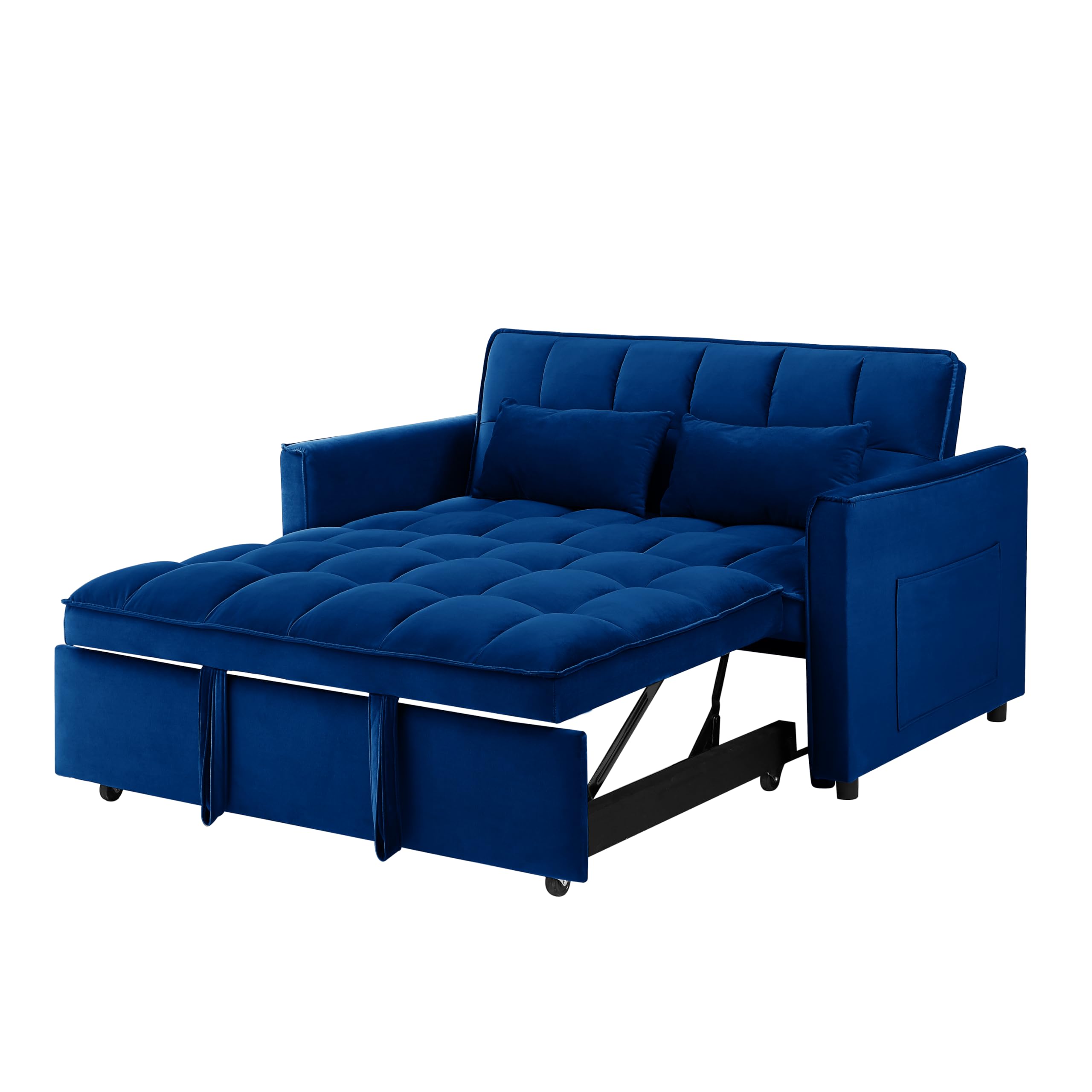 DESIGNER97 Modern 55.5" Pull Out Sleep Sofa Bed Velvet 2 Seater Loveseats Sofa Couch with Side Pockets, Adjsutable Backrest and Lumbar Pillows for Apartment Office Living Room Beige