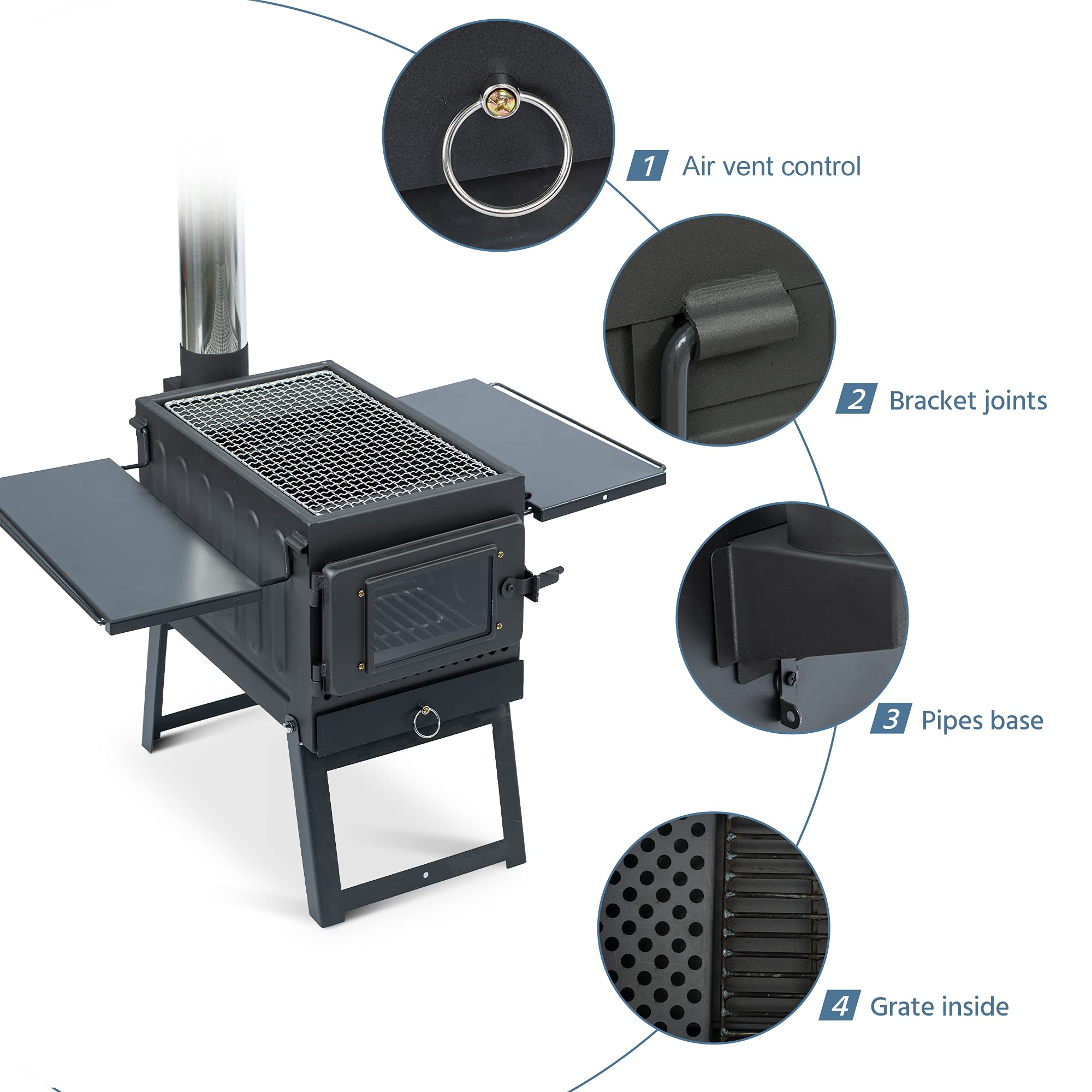 PMNY Wood Burning Stove, Hot Tent Stove Kit with Chimney Pipes, Side Racks and View Window, Multipurpose Camping Stove for Tent, Shelter, Heating and Cooking