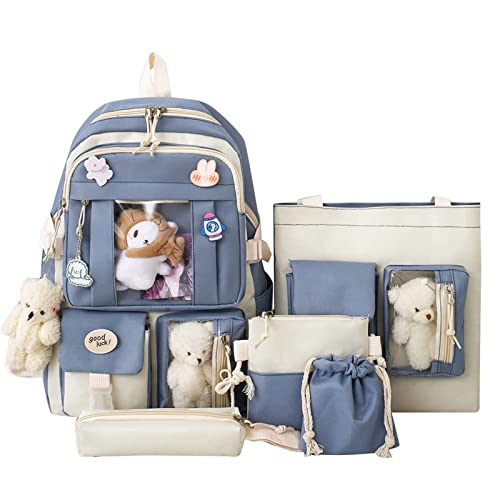 Kawaii Backpack 5Pcs School Backpack Aesthetic School Bag with BadgePlush Pendan Shoulder BagPencil BoxTote BagSmall Bag(blue rice)