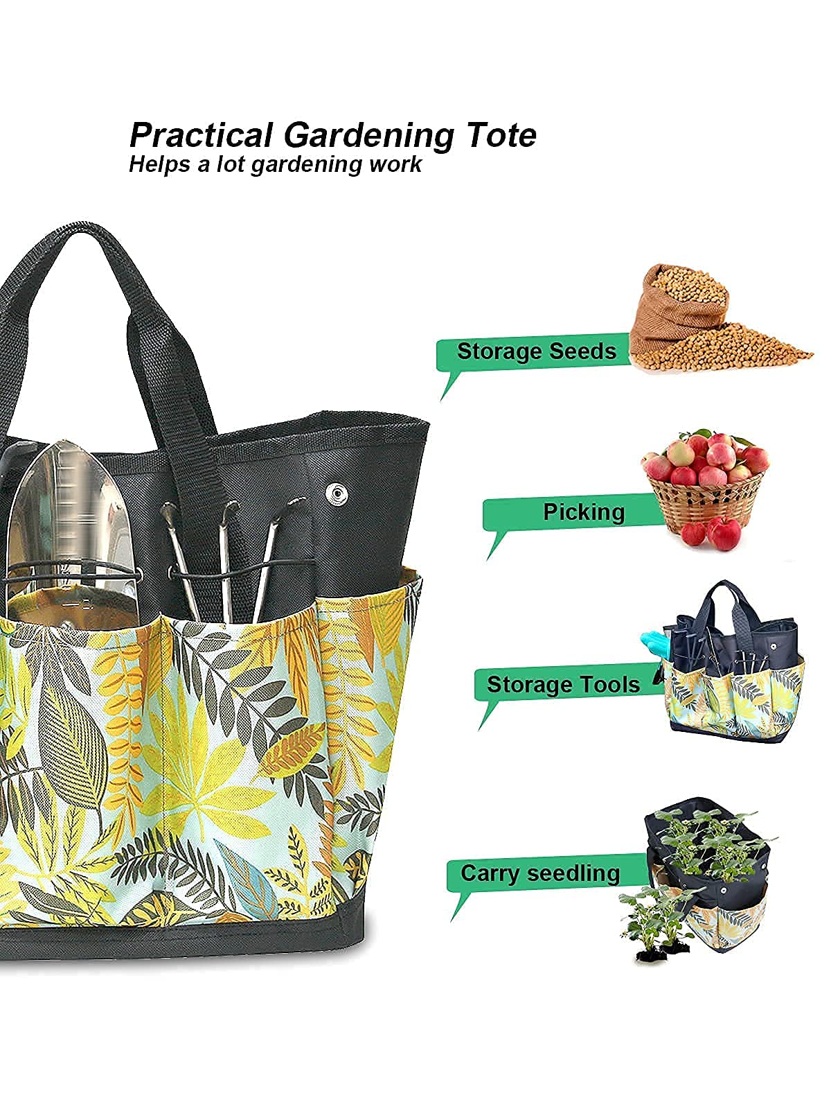 GERYMU Garden Tool Bag, 8 Pockets Garden Tote Bag, Heavy Duty Oxford Garden Tool Storage Bag, Gardening Tool Kit Holder (Floral Yellow)