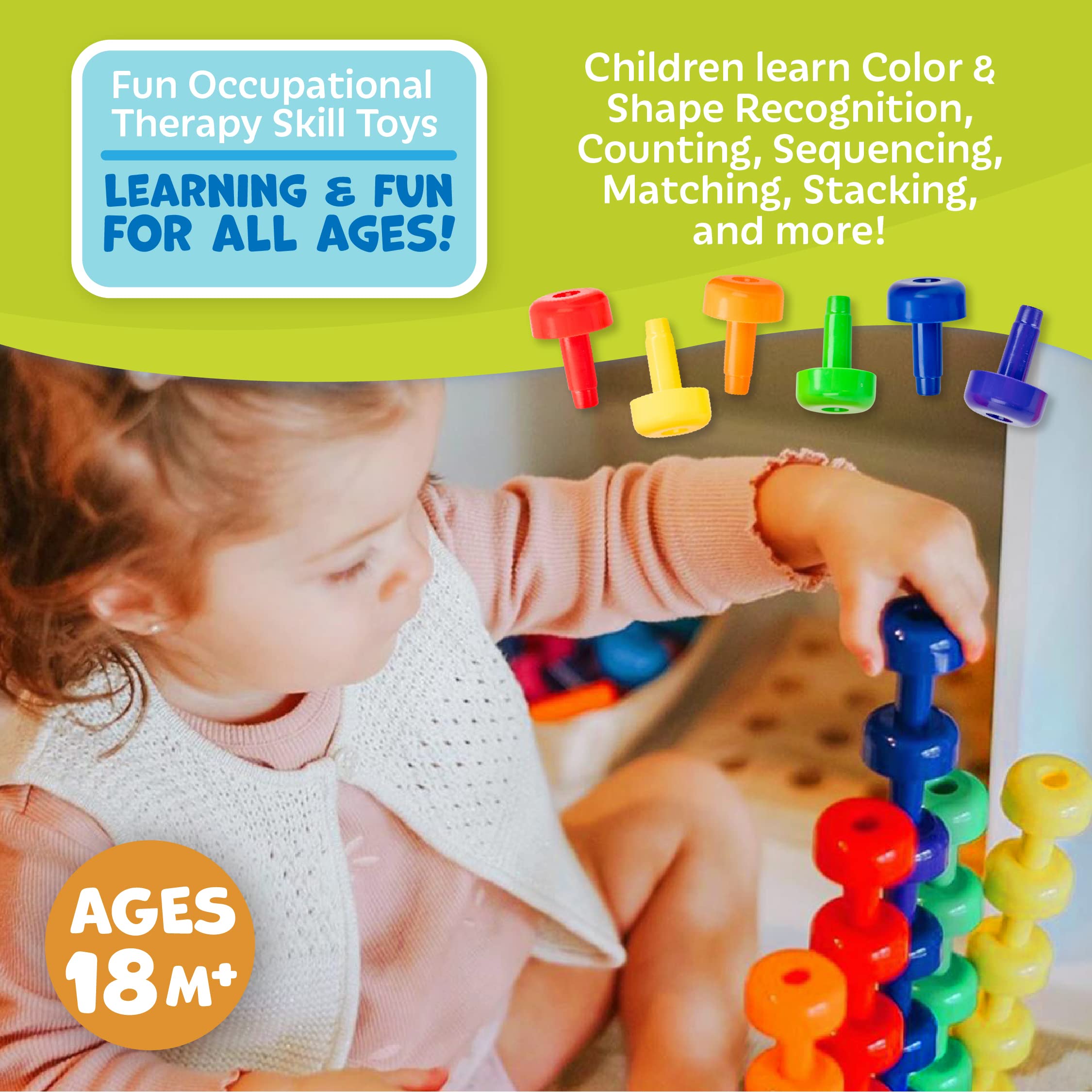 Skoolzy Montessori Sensory Peg Board 34 Piece Set - Develop Sensory Play Occupational Therapy STEM Learning Educational Toys for Kids 2+ - Includes Foam Board, Lacing String, Dice, Storage Bag, eBook