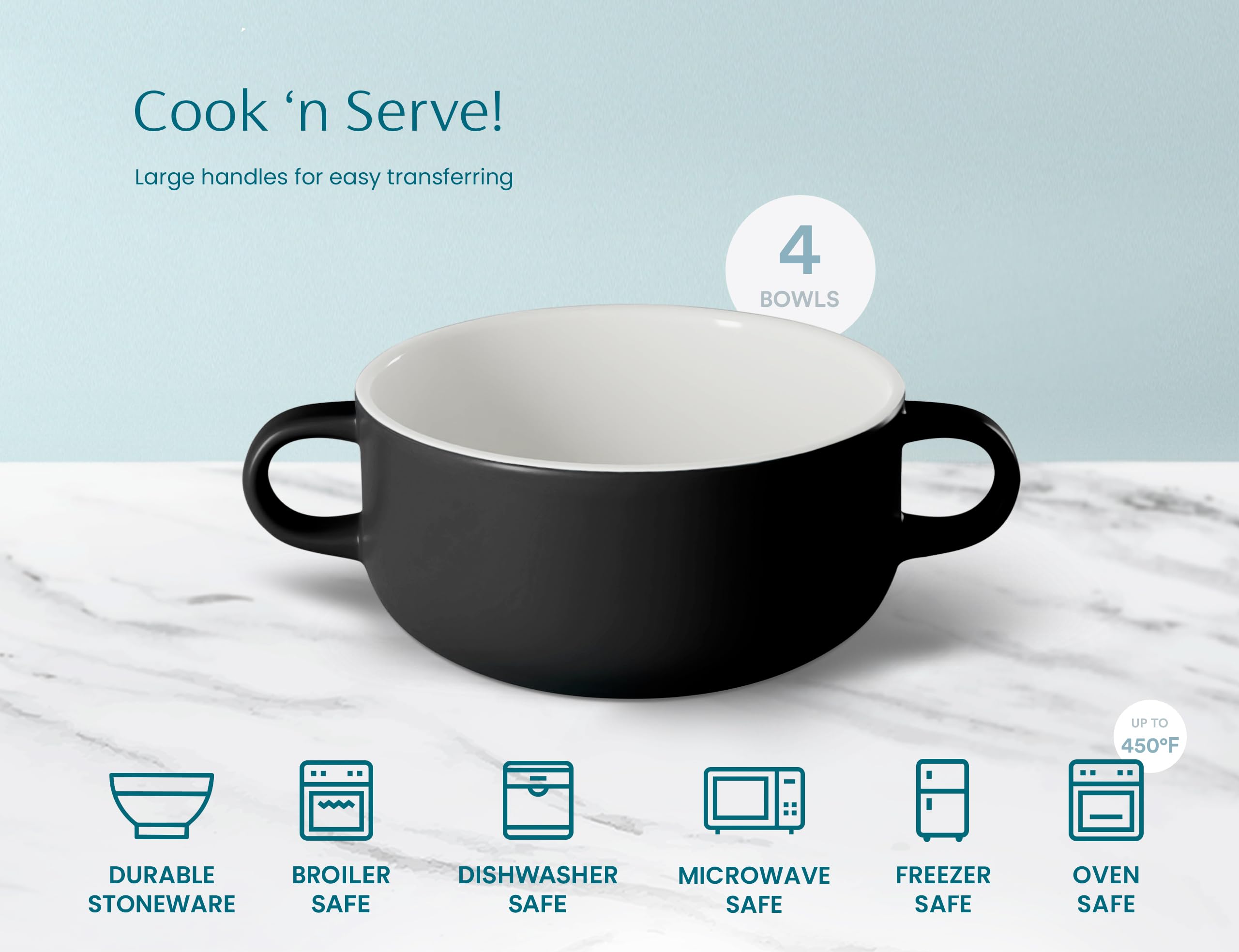 Kook Soup Crocks, Ceramic Bowls, Broil, Oven, Microwave and Dishwasher Safe, with Handles, For Casserole, Pasta, Cereal, 18 oz, Set of 4 (Black)
