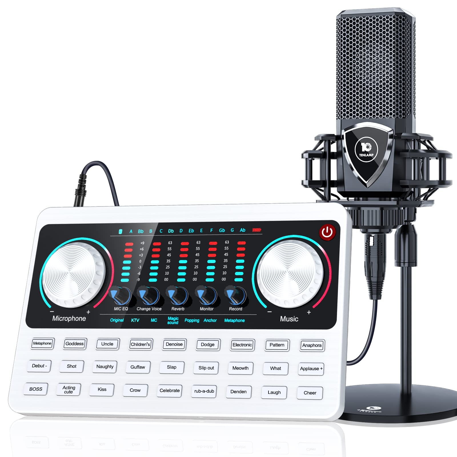 Podcast Equipment Bundle, tenlamp Q8 Podcast Microphone with Sound Board Voice Changer Mixer Controller, Studio Live Sound Card Kit for PC Smartphone Recording Live Streaming