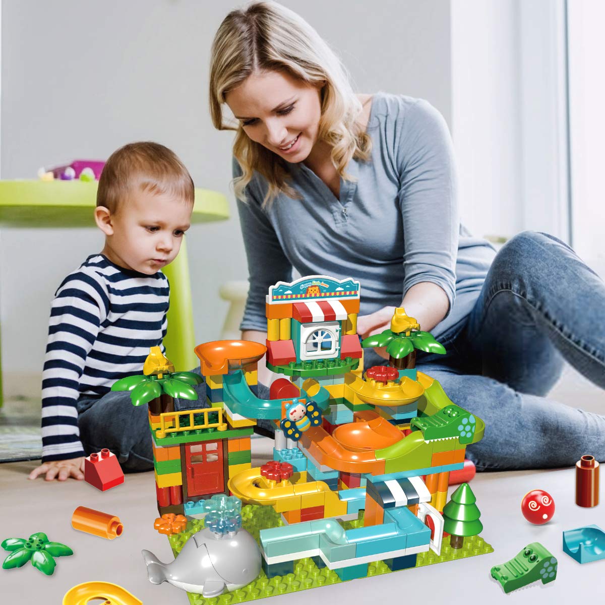 REMOKING Marble Run Building Blocks, 2 in 1 Compatible Blocks Models with 8 Marble Balls，Educational Race Track Building Block Set, Great Gifts for Kids 3 Years and up（259Pcs）