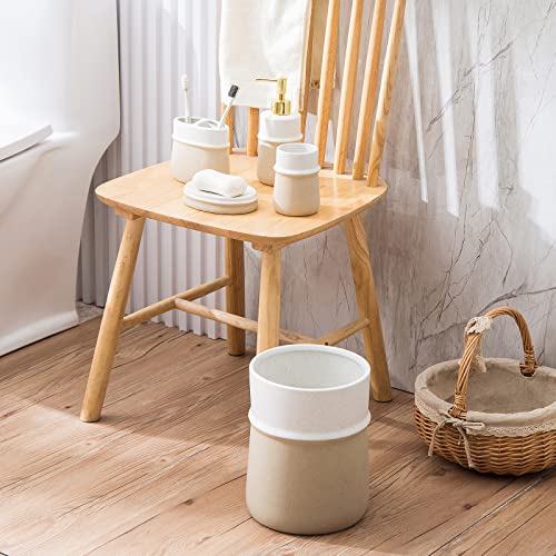 Decorative Round Small Trash Can Wastebasket, Garbage Container Bin for Bathrooms, Powder Rooms, Kitchens, Home Offices - Sand Glaze Non-Slip Design,Beige