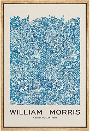 IDEA4WALL Framed Canvas Print Wall Art Blue Marigold Flowers by William Morris Historic Cultural Illustrations Fine Art Traditional Colorful for Living Room, Bedroom, Office - 24"x36" Natural