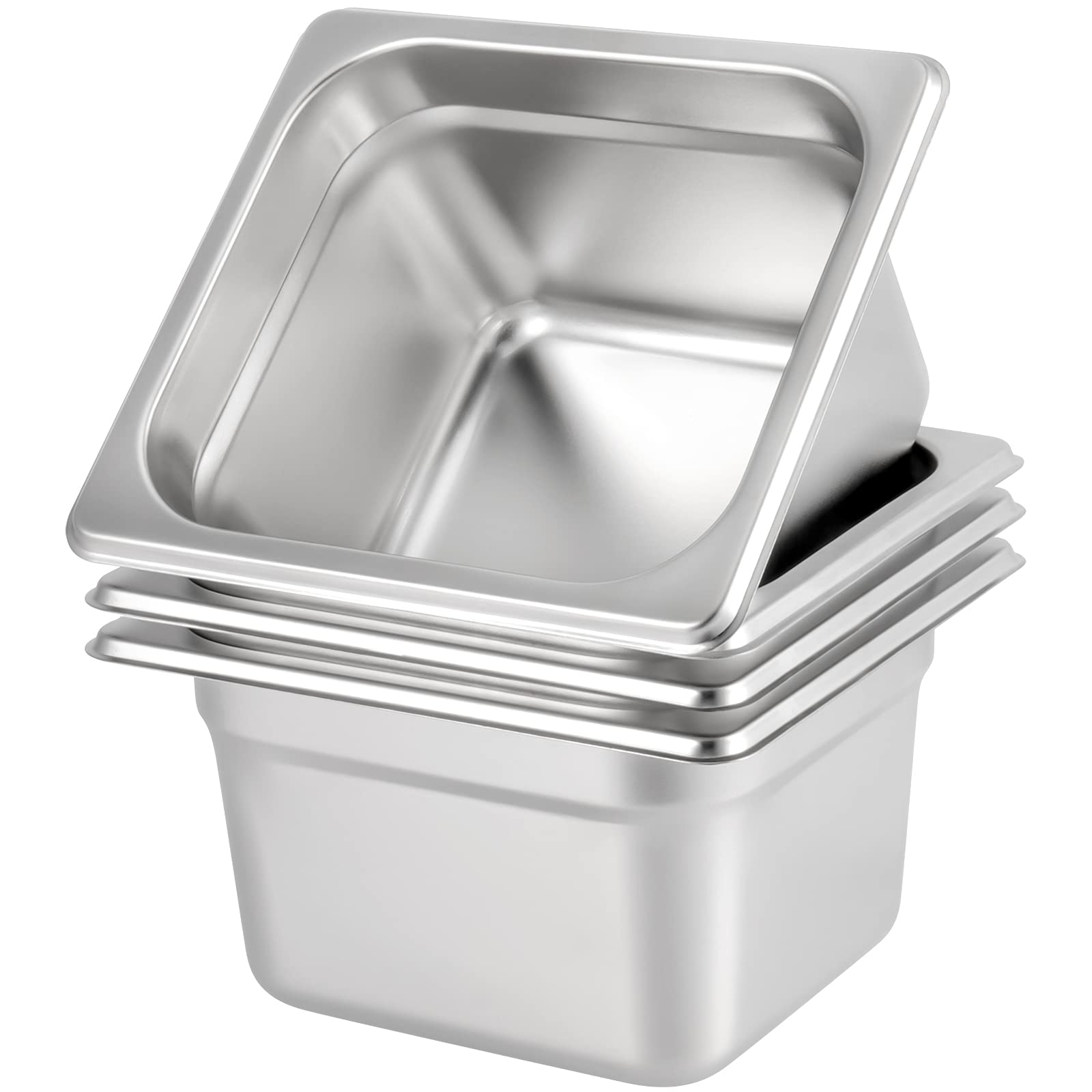 FUNSUEI 4 PCS 1/6 Size x 4 Inches Stainless Steel Steam Table Pans, Steam Table Chafer Pan, Hotel Pan Food Pan for Restaurants, Hotels, Buffets, Catering, Silver