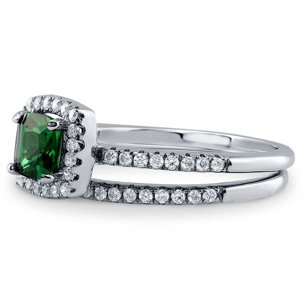 BERRICLE Sterling Silver Halo Wedding Engagement Rings Simulated Emerald Cushion Cut Cubic Zirconia CZ Ring Set for Women, Rhodium Plated Size 6