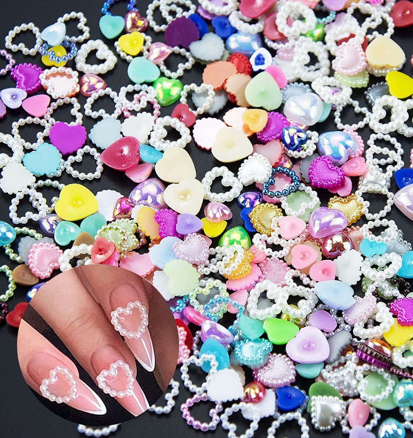 Colorful Pearls Heart Nail Art Charm for Nail Art Supplies ABS Multi Color Heart Pearls Nail Beads Pearls 3D Nail Art Charms for DIY Nail Art Decoration Crafts Jewelry Accessories Scrapbook