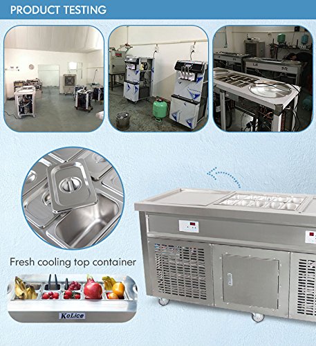 Kolice ETL commercial double square pans fried ice cream machine, frozen yogurt cubes making machine, roll ice cream machine with 10 pcs of refrigerated buckets, 21x21 inches big pan. Auto defrost