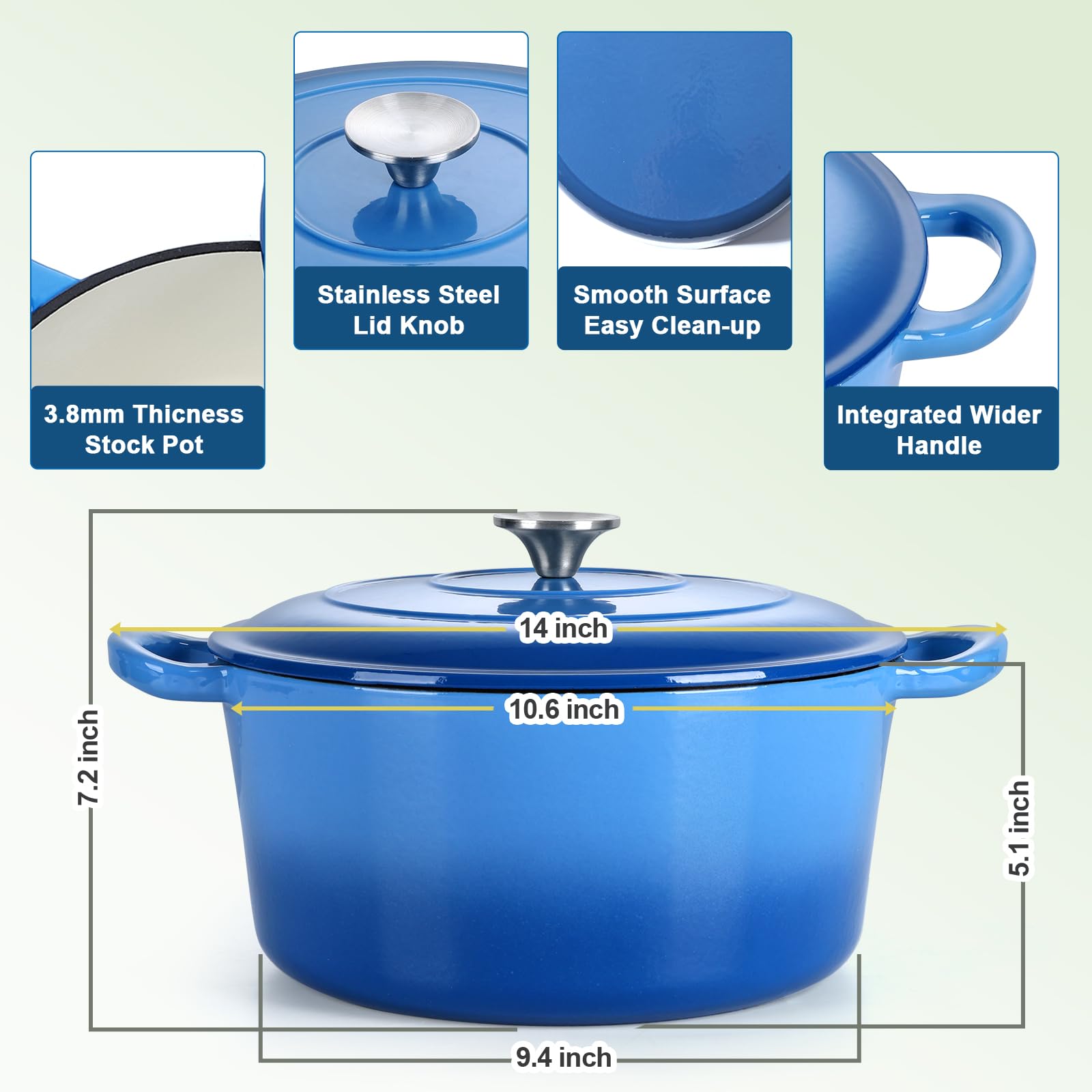HaSteeL 6 Quart Cast Iron Dutch Oven, Pre-seasoned Enamel Cooking Stock Pot with Lid, Non-stick Round Cookware for Sourdough Bread Baking Roasting Stewing Braising Frying, Heavy Duty & Oven Safe(Blue)