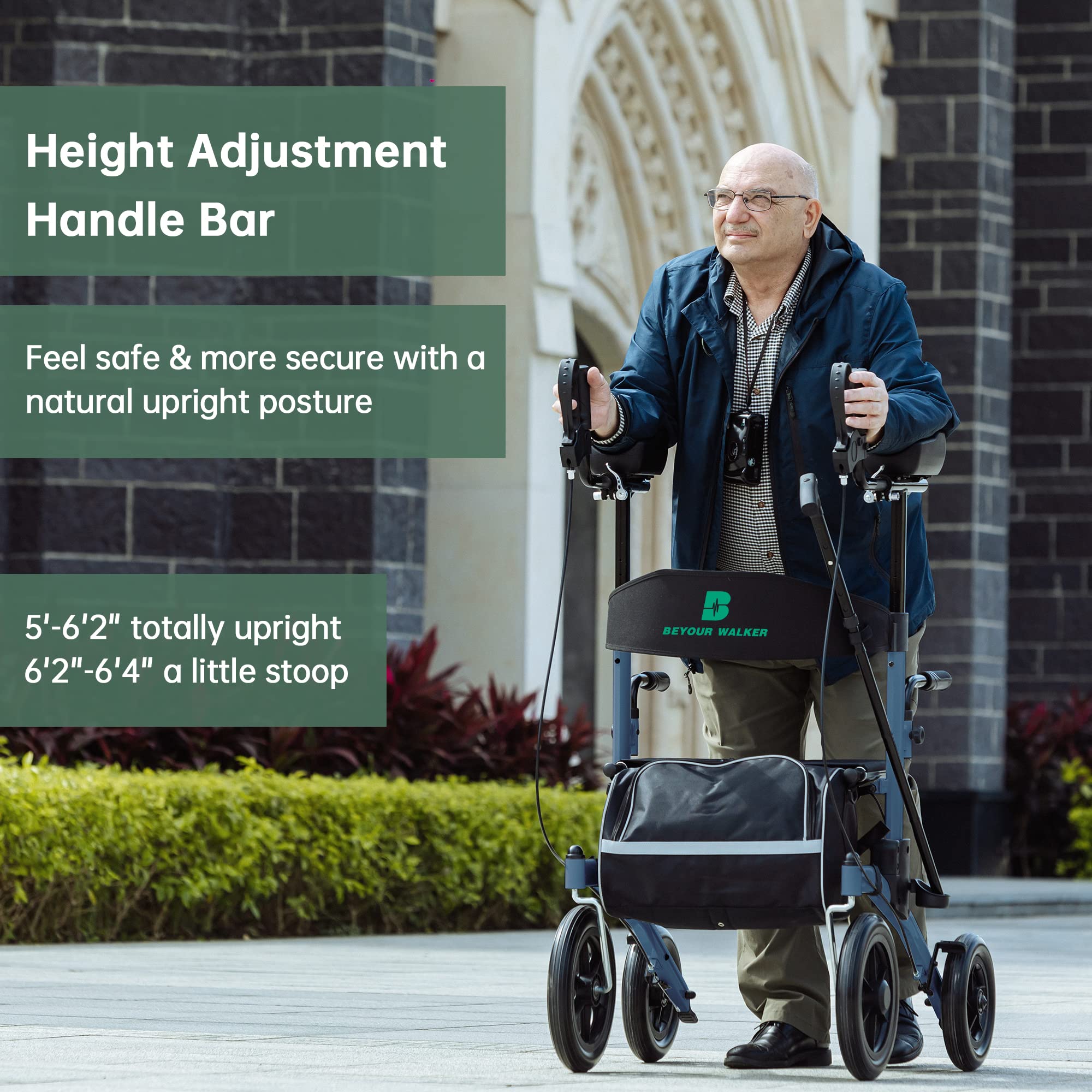 BEYOUR WALKER All-Terrain Upright Rollator Walker, Stand Up Rolling Walker with Non-Pneumatic Tire 12” Front Wheels, Compact Folding for Seniors, Blue