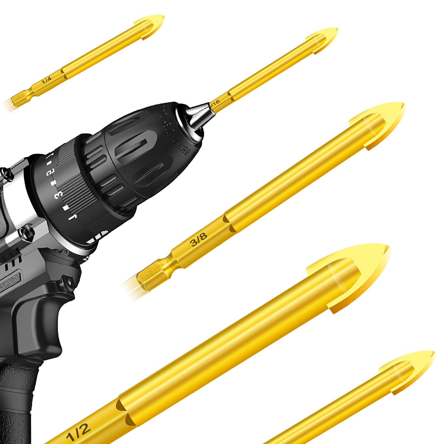 Masonry Drill Bits Set for Tile Glass Ceramic Brick Wood, 10 pcs Diameter 1/8 to 1/2 Inch Drilling Bits with 1/4 Hex Shank, Gold,