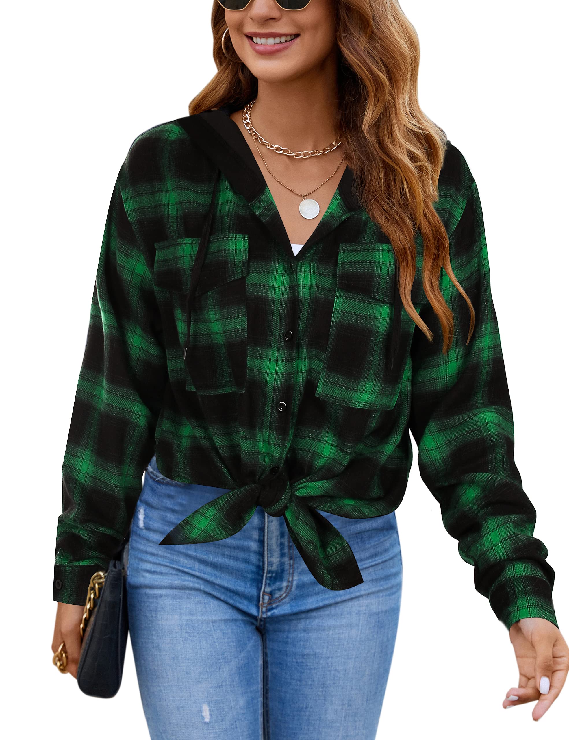 Blooming Jelly Women's Flannel Shirts Plaid Shacket Oversized Button Down Shirt Hooded Long Sleeve Tops 2023 Fall Winter Outfits (Black Plaid,Large)