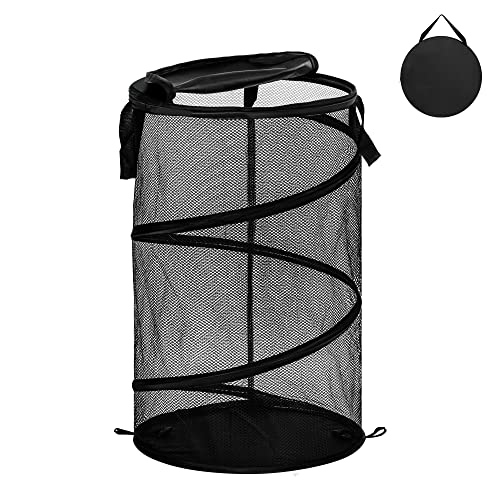 Mesh Collapsible Laundry Hamper with Lid, Large Clothing Storage Bucket with Handles,Dirty Clothes Storage Basket for The Kids Room, College Dorm or Travel (1PCS, Black)