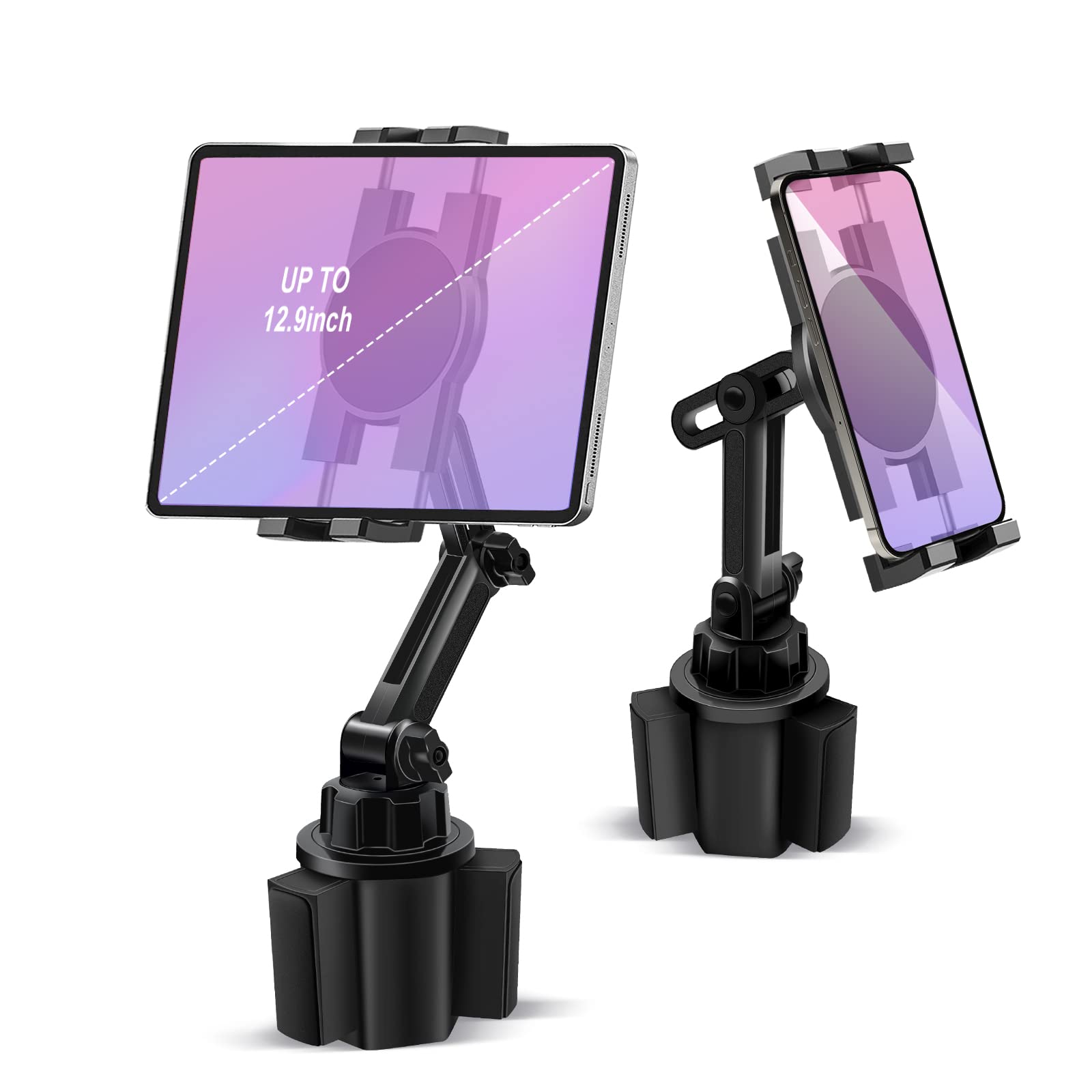 Car Cup Holder Tablet Mount Holder, 360° Adjustable Long 2-Arm Stand for iPad Pro 12.9/11/10.5/9.7/Air/Mini 6/5/4, Samsung Galaxy Tab/Z Fold 4/3, Amazon Fire HD, iPhone 14/Pro, 4.7-12.9" Tab & Phone