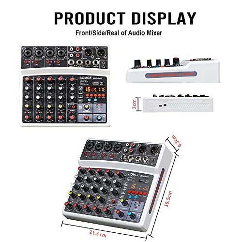 BOMGE 6 Channel Audio Sound Mixer - Professional Digital DJ Mixing Console for Live Streaming, Karaoke and Stereo Recording - With PC Computer Record Playback/Bluetooth/MP3/USB/48V /16 DSP Echo