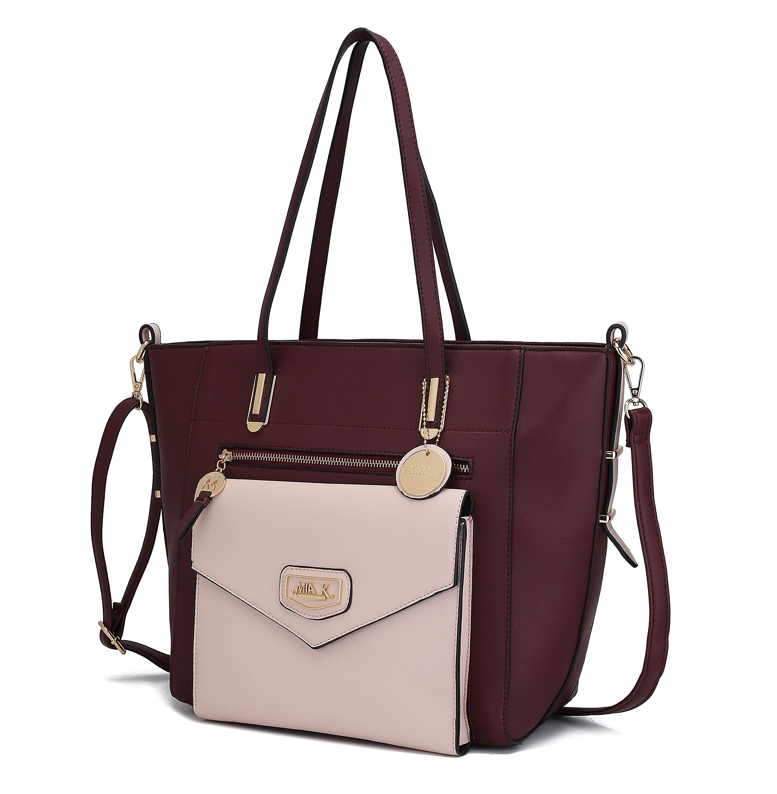 MKF Shoulder Bag for Women: PU Leather Satchel Handbag – Top Handle Tote Purse, Ladies Fashion Pocketbook Wine Blush