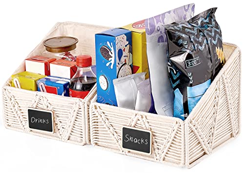Mkono Macrame Storage Baskets for Organizing Boho Decor Foldable Bins with Mini Chalkboard Clip Woven Baskets for Pantry Shelves Desk Countertop Dresser Cabinet Living Room Dorm Home, Set of 2, Ivory