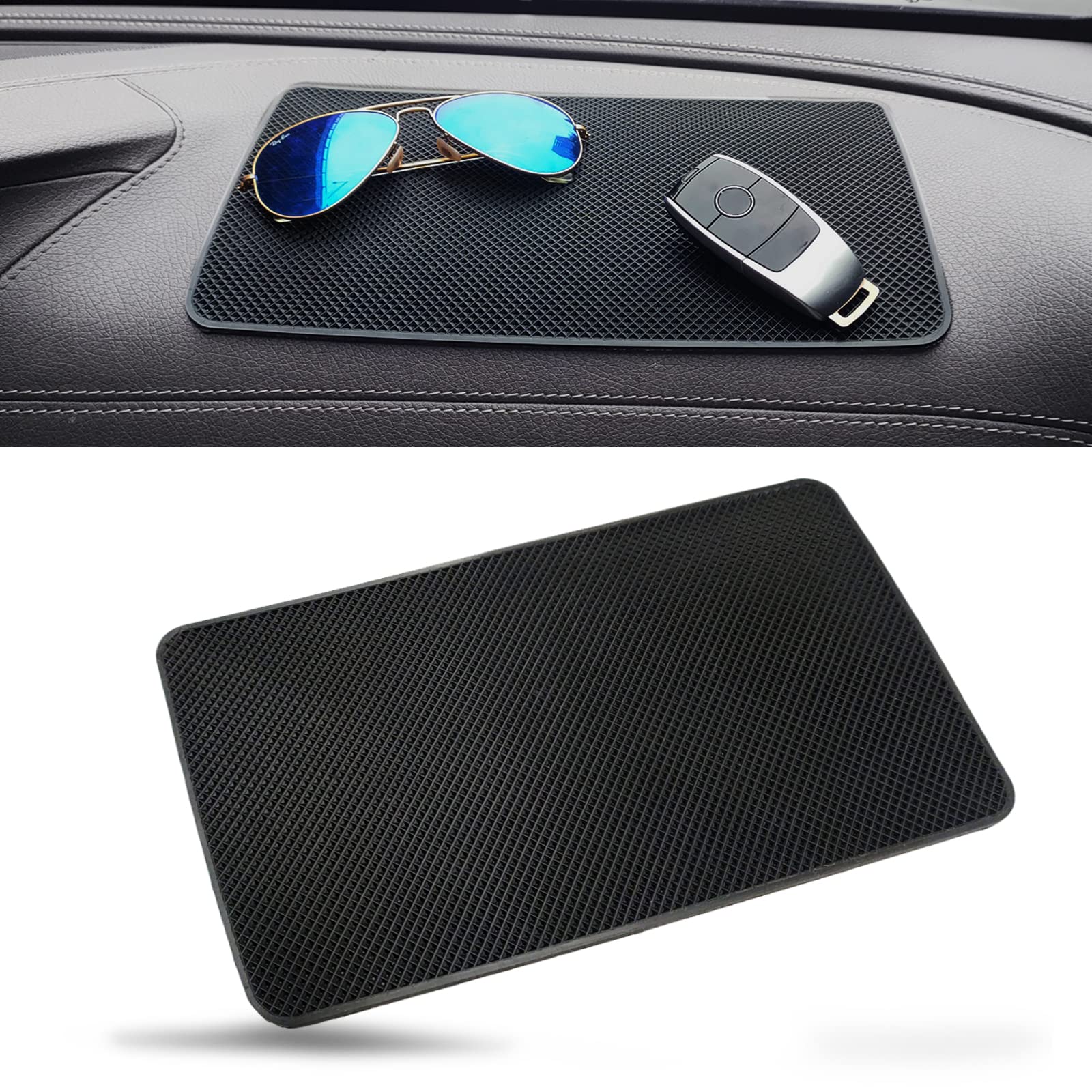 Car Dashboard Anti-Slip Rubber Pad, 10.6 x 5.9 Universal Non-Slip Car Magic Dashboard Sticky Adhesive Mat for Cell Phones, Sunglasses, Keys, Coins and More (Black/Grid)