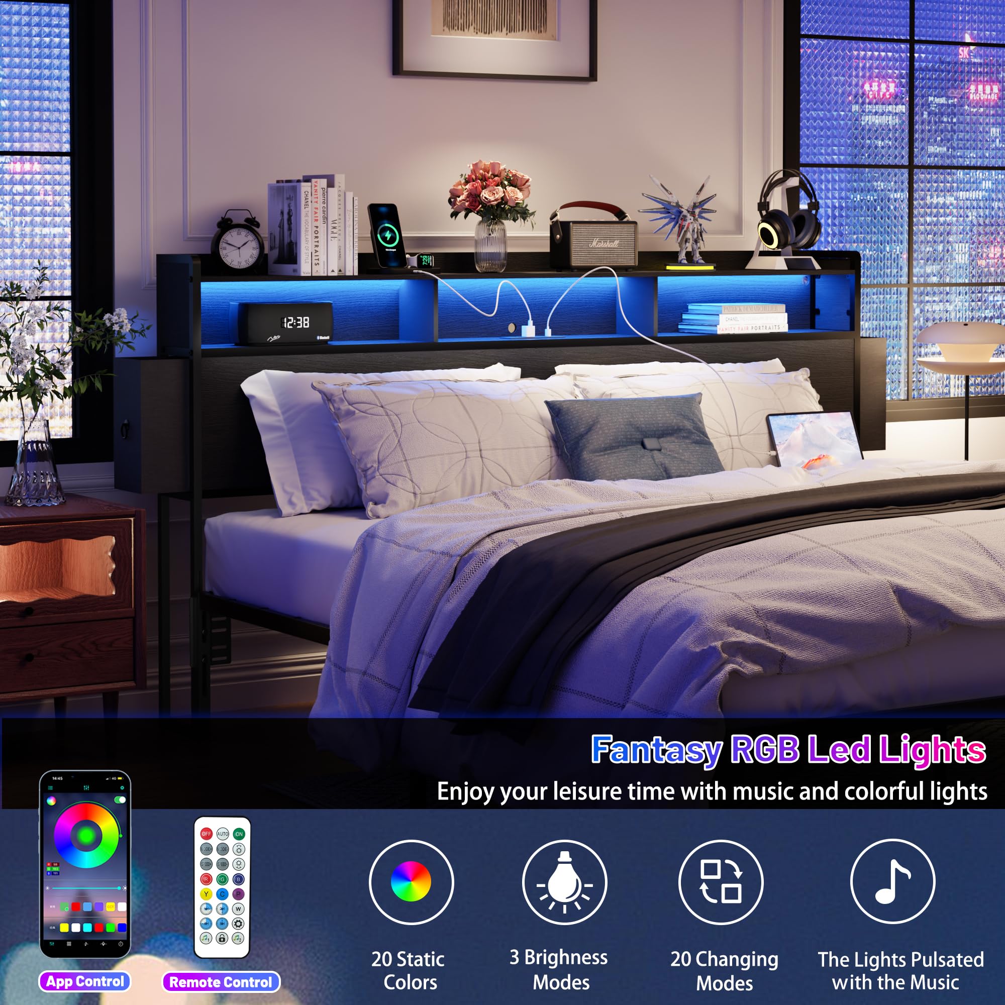 Decoholic King Size Headboard Only with Storage, Upholstered Headboard with Charging Station and LED Light, Sturdy and Stable, Easy to Assemble (Black+Barn Door, King)