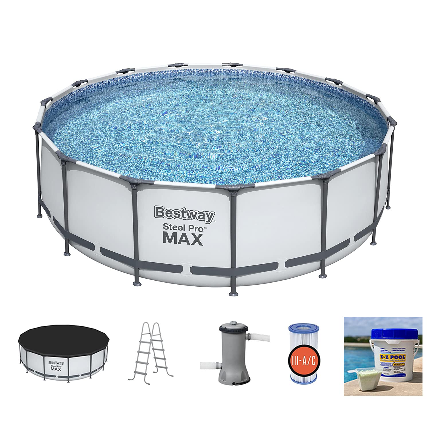 Bestway 56690E Steel Pro Max 15Ft x 15Ft x 48In Round Metal Frame above Ground Swimming Pool Set with 1000 GPH Pump, Ladder, Cover, and Solution Blend