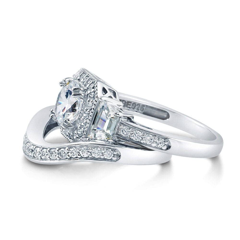 BERRICLE Sterling Silver Halo Wedding Engagement Rings Round Cubic Zirconia CZ Art Deco Ring Set for Women, Rhodium Plated Size 7.5