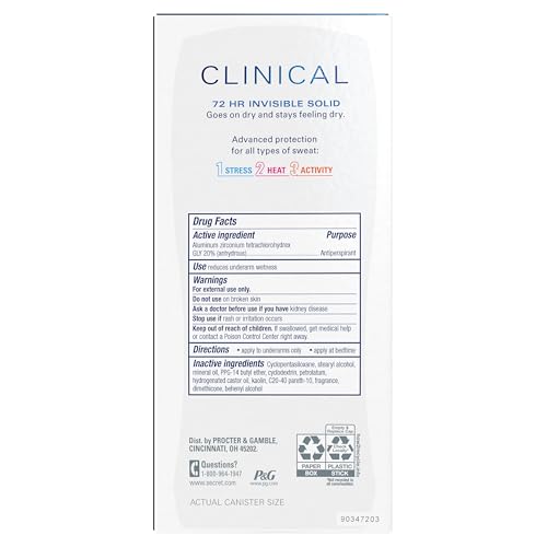 Secret Clinical Strength Antiperspirant Deodorant for Women, 3X Stress Protection, 72hr Sweat & Odor Protection, PH Balancing Minerals, Invisible Solid, Powder Protection Scent, 2.6 oz