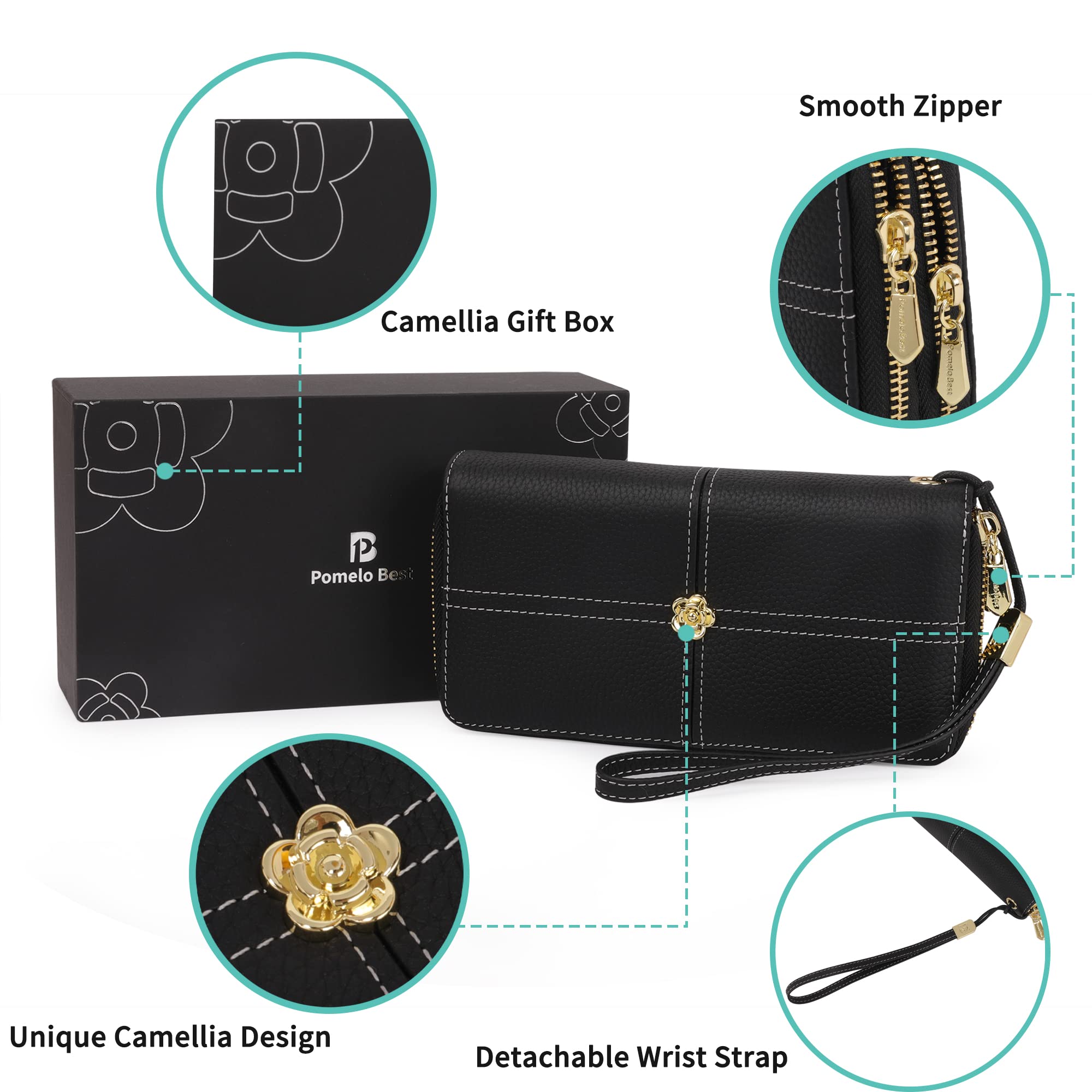 Pomelo Best Real Leather Women's Wallet with Camellia Ornament, RFID Blocking, Coin Pocket, Black, L