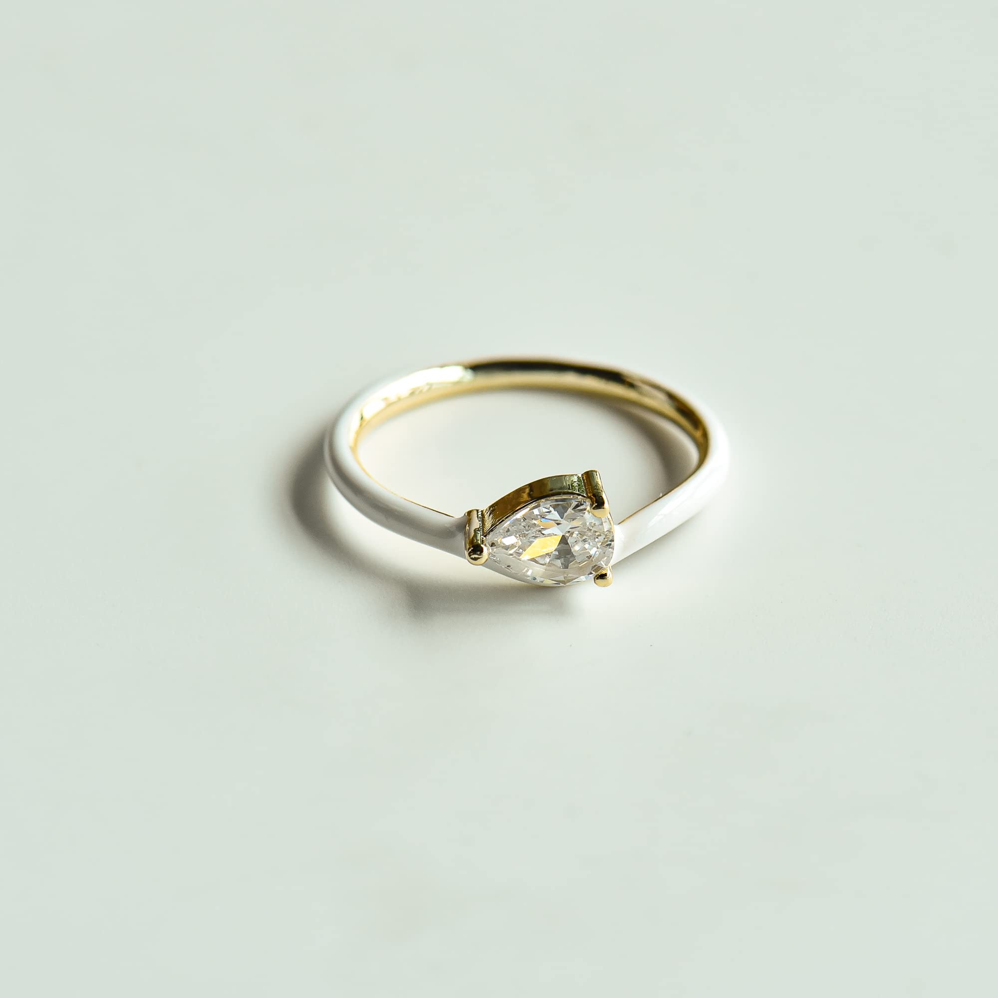 BLOSSOM & HUE White Enamel Ring | Size 8 | East West Pear Shaped Solitaire Cubic Zirconia | 18K Gold Plated .925 Sterling | Colorful Trend Setter