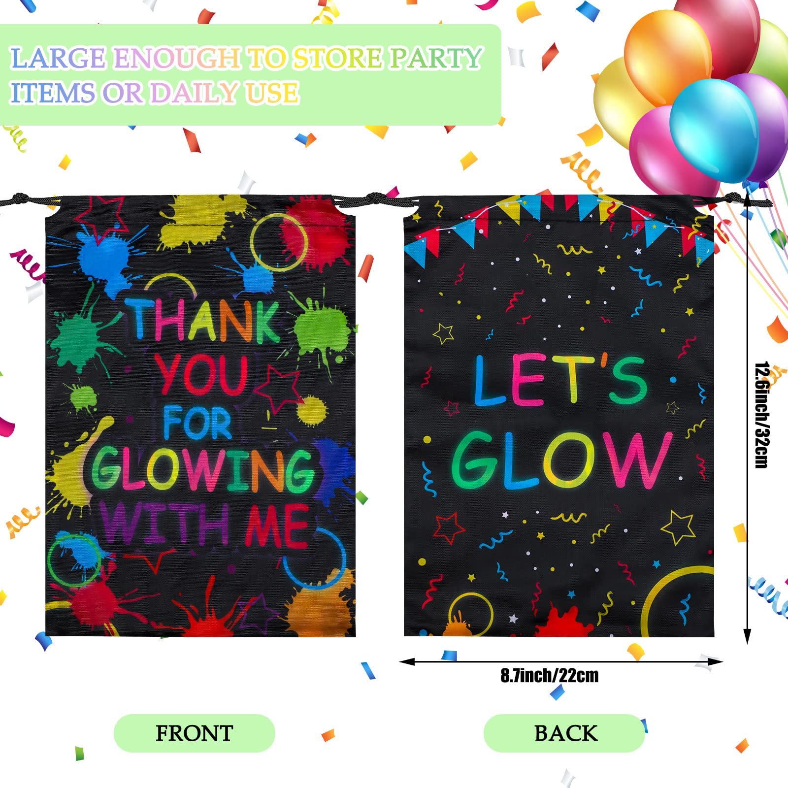 Sadnyy Let's Glow Drawstring Bags Glow Party Supplies Favor Gift Bags Neon Pouch for Retro 80s 90s Theme Party Decorations(24 Pieces)