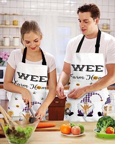 LAMANDA Kitchen Aprons for Women,Gnome Sunflower Bumblebee Buffalo Check Cooking Apron with Pockets Server Aprons Chef Apron for Men