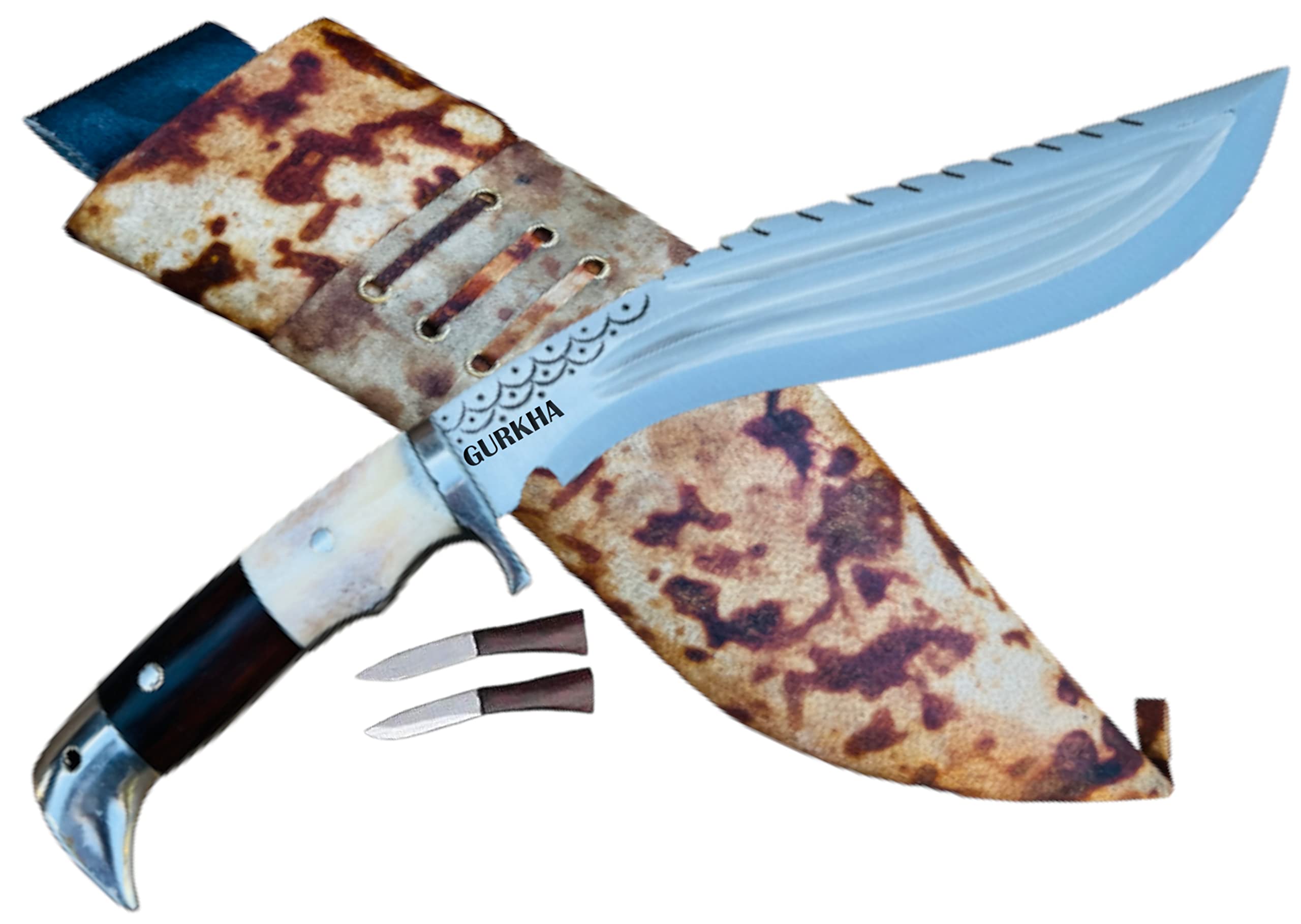 Gurkha Dragon American Eagle Kukri Knife Overall 13 IN With Blocker Full Tang 8.5 IN Fixed Blade Kukri - Bone Handle Included Leather Sheath 2 Utility Knives - Handmade In Nepal