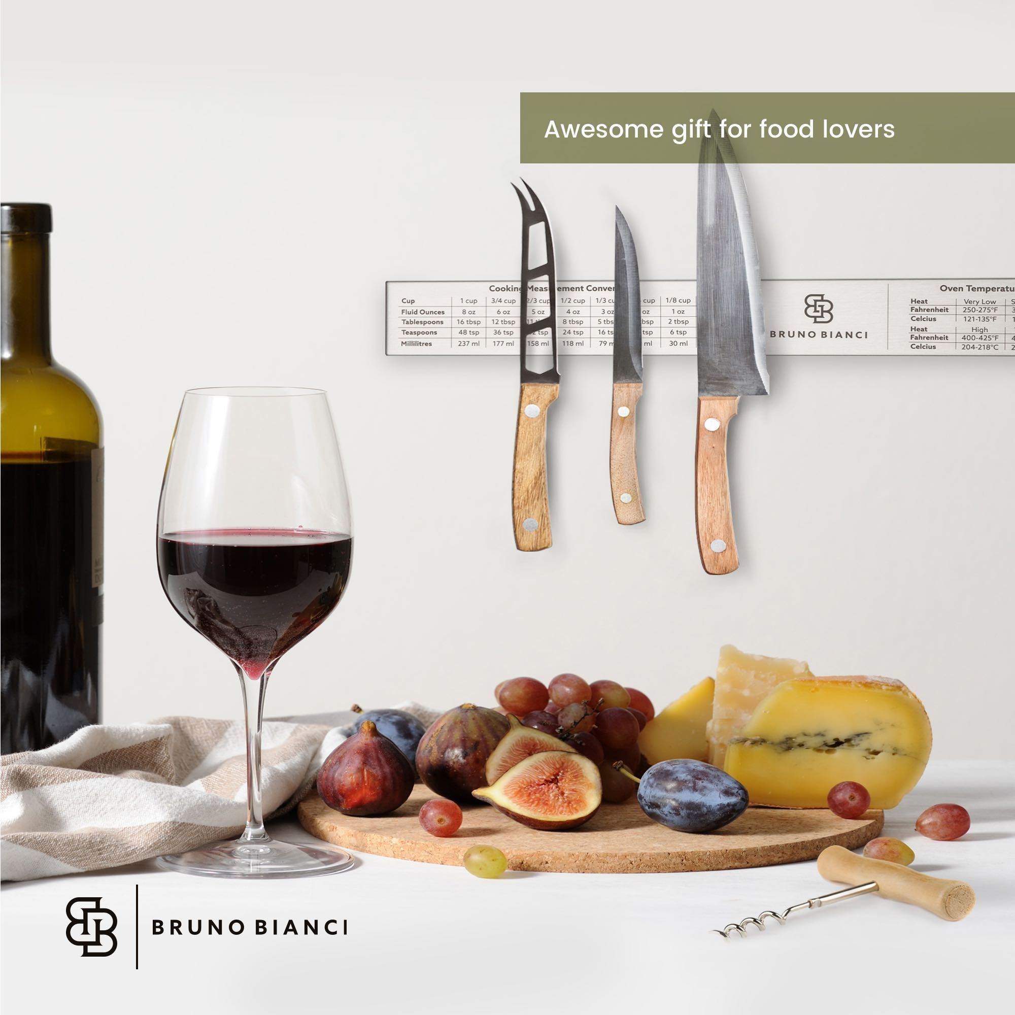 Bruno Bianci Magnetic Knife Strip with Cooking Conversion Charts -16 Inch Premium Wall-Mounted Knives Organizer, Space-Saving Kitchen Utensil Holder for Home Cooks and Master Chefs