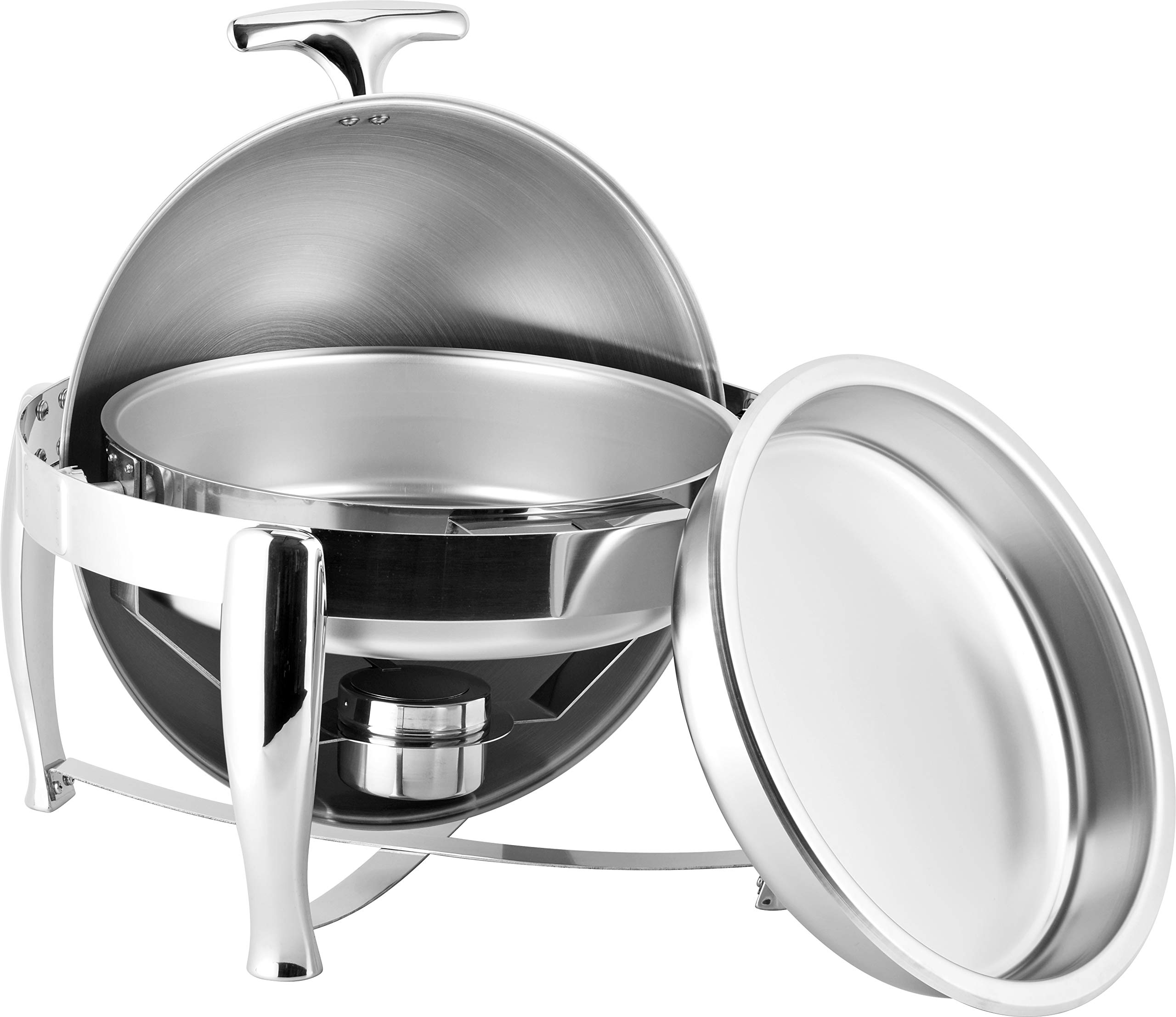 CHEFQ Virtuosa S/S 6 QT Round Chafer, Roll-top Set Includes Food Pan, Water Pan and Fuel Holders β Durable, shiny silver, keeps food warm in catered events + CHEFS APRON by ChefQ