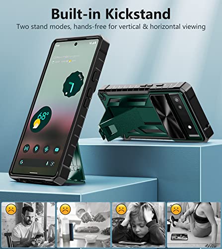 FNTCASE for Google Pixel-6a Phone Case: Military Grade Drop Proof Protective Rugged Cell Phone Cover with Kickstand & Slide | Shockproof TPU Matte Textured Heavy Duty Protection Tough Cases - Green