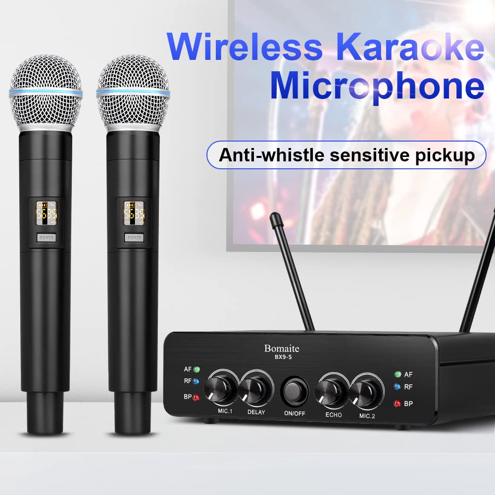 Bomaite BX9-S UHF Wireless Microphone System, Karaoke Microphone Wireless Mic Cordless Dual with Volume Control and Echo,DEALY for Karaoke Singing Speech Meeting Church DJ Party, 165FT