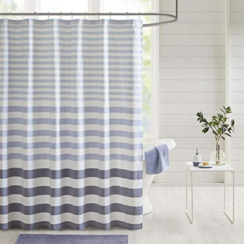 Madison Park Aviana Shower Curtain, Yarn Dyed Woven Stipe Design, Modern Bathroom Decor, Machine Washable, Fabric Privacy Screen 72x72, Navy