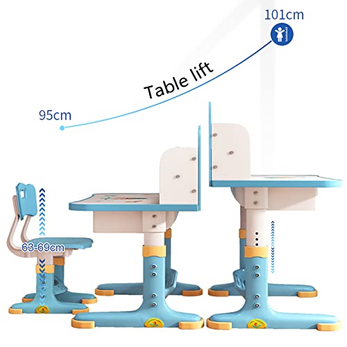 Small Desk, Standing Desk, Desk Chair Set, Widened Desktop Multi Separation Cartoon Pattern Desk Chair Set Kids Adjustable Height Study Table with Drawer Chair Set (Blue)