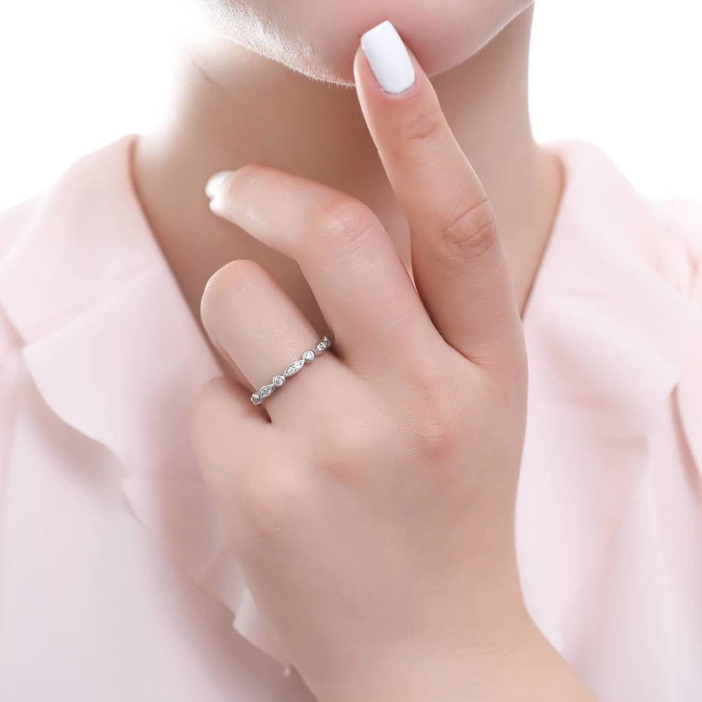 BERRICLE Sterling Silver Bubble Wedding Rings Bezel Set Cubic Zirconia CZ Anniversary Eternity Ring for Women, Rhodium Plated Size 7