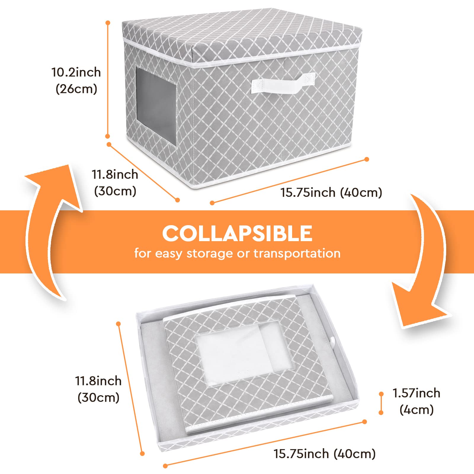 Keaxinty Fabric Storage Bins with Lid, 3 Pack Fabric Collapsible Storage Organizer with Handle,Closet Storage Box with Clear Window for Clothes, Toys, Books, Office (15.7 X 11.8 X 10.2, Grey)