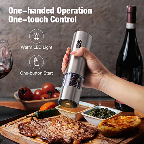 Gravity Electric Salt and Pepper Grinder Set, Automatic Upgraded Pepper and Salt Mill with Charging Base, Adjustable Coarseness and LED Light, One Hand Operation (Silver)