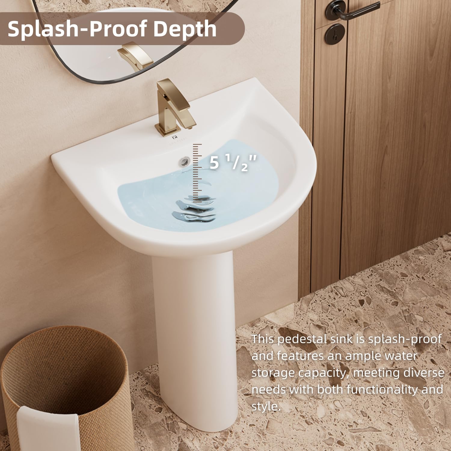 Classic Vintage Bathroom Pedestal Sink, Los Flexi 23"W x 19"D White Ceramic Freestanding Sinks for bathrooms, Overflow, 3 Pre-Drilled Holes for 4-Inch Faucets, Easy Install