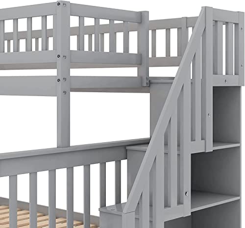 DNYN Stairway Twin-Over-Full Bunk Bed with Storage Shelves & Guardrail for Dorm, Kids Bedroom, Solid Pine Wood Bedframe, Space Saving Design & No Box Spring Needed, Grey