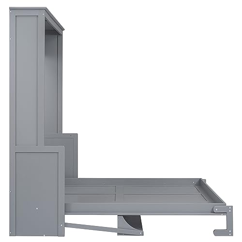 BOVZA Queen Murphy Bed with a Shelf, Space-Saving Wall Bed for Guest Room or Home Office, Gray