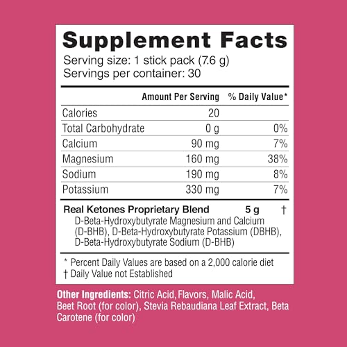 BHB Exogenous Ketones Drink Mix Packets - Real Ketones Keto Electrolytes Powder Packets No Sugar with 4 Main Fasting Electrolytes plus Hydrating Patented Keto BHB - 30 Count Raspberry Lemonade